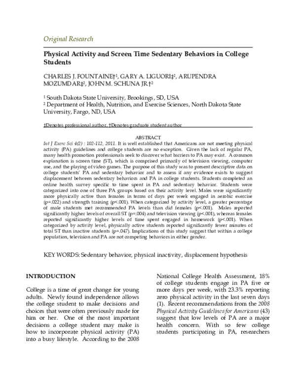 (PDF) Physical Activity and Screen Time Sedentary Behaviors in College Students