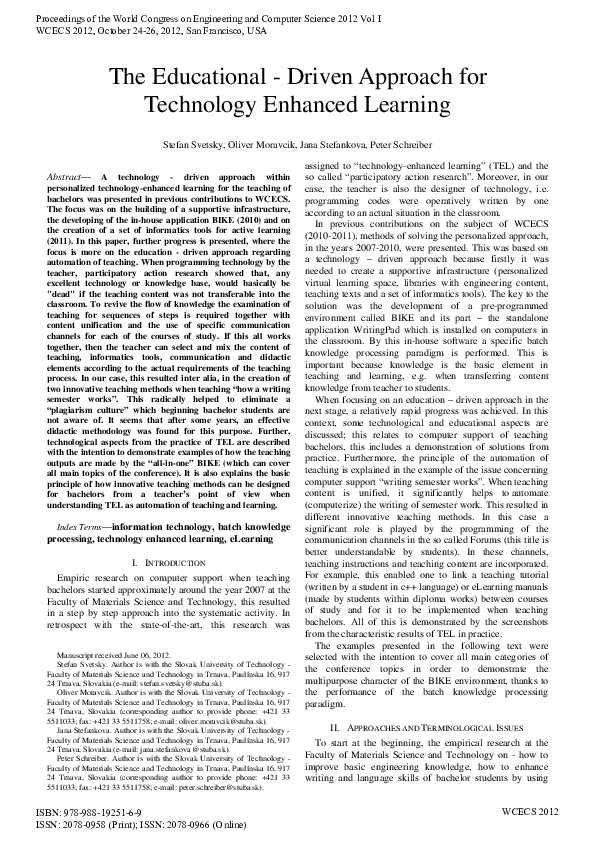 (PDF) The Educational-Driven Approach for Technology Enhanced Learning