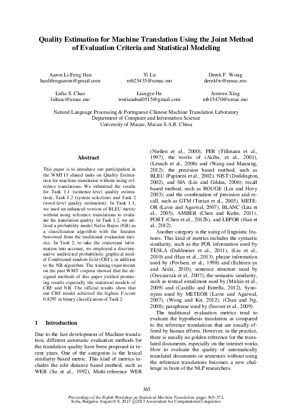 (PDF) Quality Estimation for Machine Translation Using the Joint Method ...