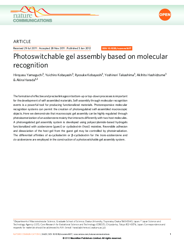 (PDF) Photoswitchable gel assembly based on molecular recognition