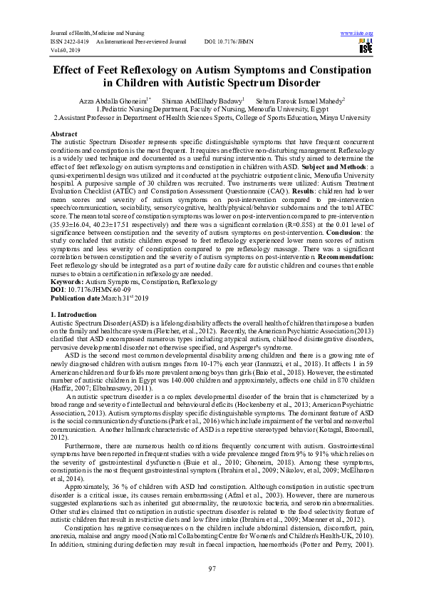(PDF) Effect of Feet Reflexology on Autism Symptoms and Constipation in ...