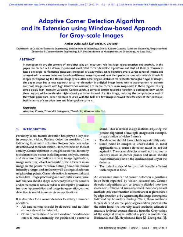 Pdf Adaptive Corner Detection Algorithm And Its Extension Using Window Based Approach For Gray