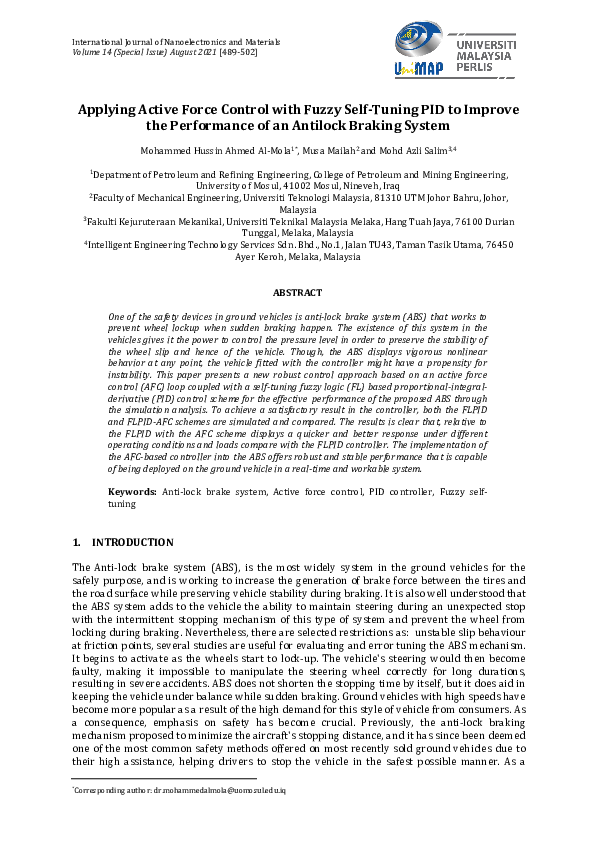 Pdf Applying Active Force Control With Fuzzy Self Tuning Pid To
