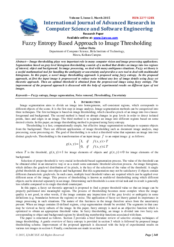 (PDF) Fuzzy Entropy Based Approach to Image Thresholding