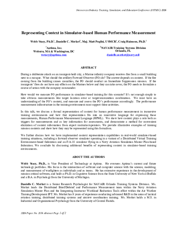 (PDF) Representing Context in Simulator-Based Human Performance Measurement