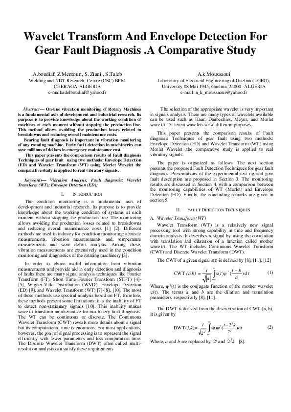 (PDF) Wavelet Transform And Envelope Detection For Gear Fault Diagnosis . A Comparative Study