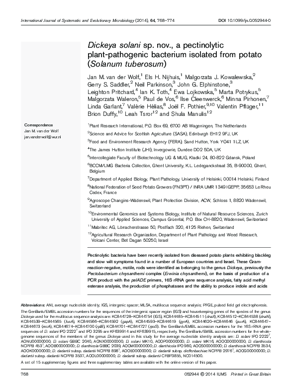 (PDF) Dickeya solani sp. nov., a pectinolytic plant-pathogenic ...