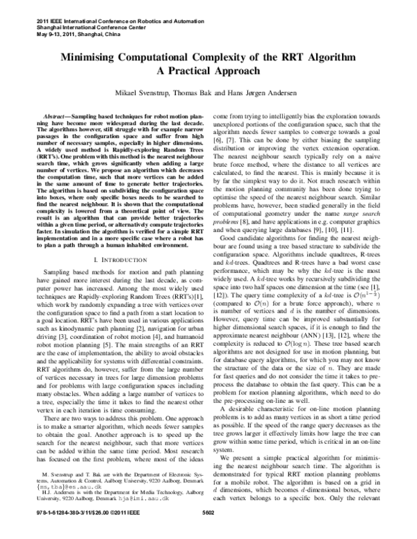Pdf Minimising Computational Complexity Of The Rrt Algorithm A Practical Approach Hans