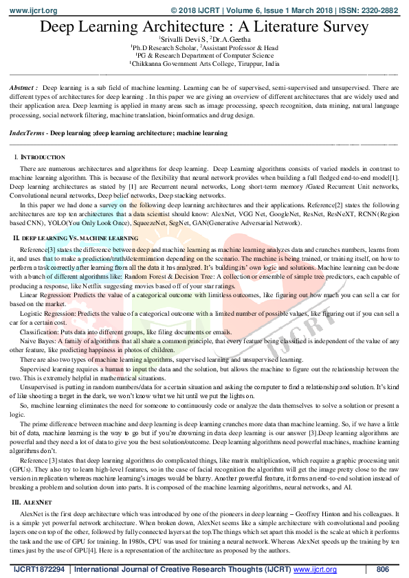 (PDF) Deep Learning Architecture : A Literature Survey