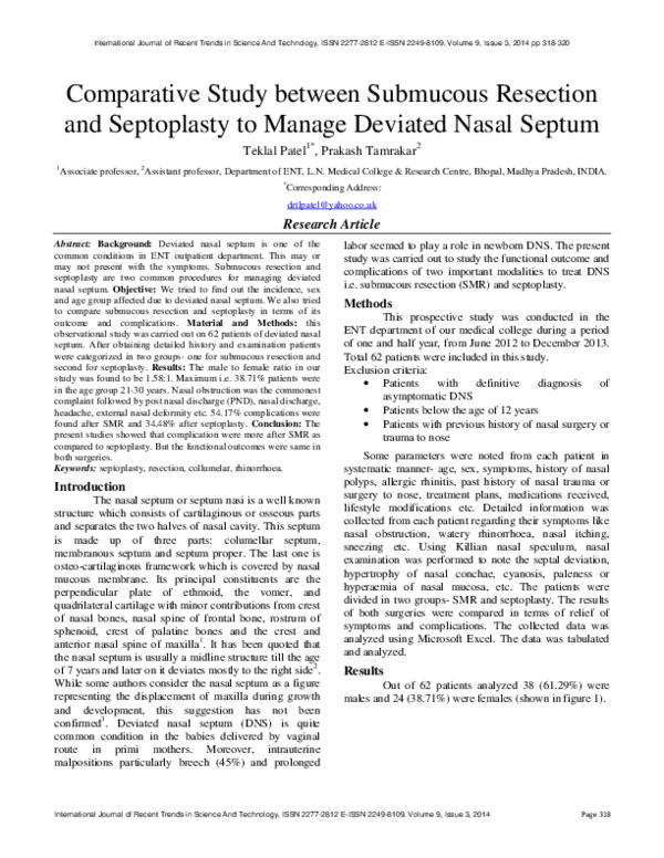 (PDF) Comparative Study between Submucous Resection and Septoplasty to ...