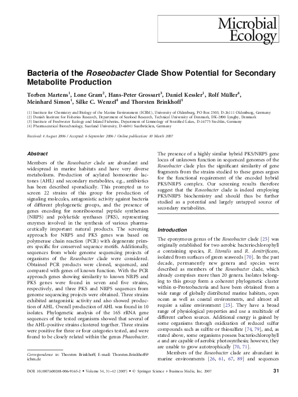 (PDF) Bacteria of the Roseobacter Clade Show Potential for Secondary ...