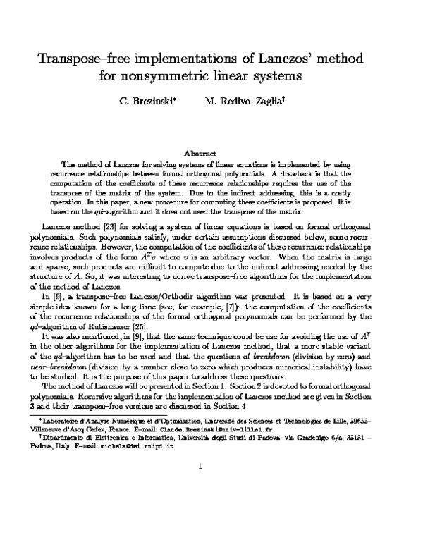 (PDF) Transpose {free implementations of Lanczos' method for nonsymmetric linear systems