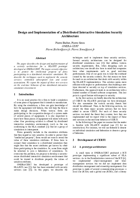 Pdf Design And Implementation Of A Distributed Interactive Simulation Security Architecture