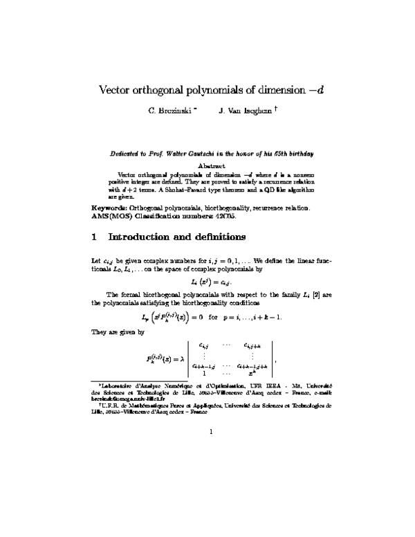 (PDF) Vector Orthogonal Polynomials of Dimension