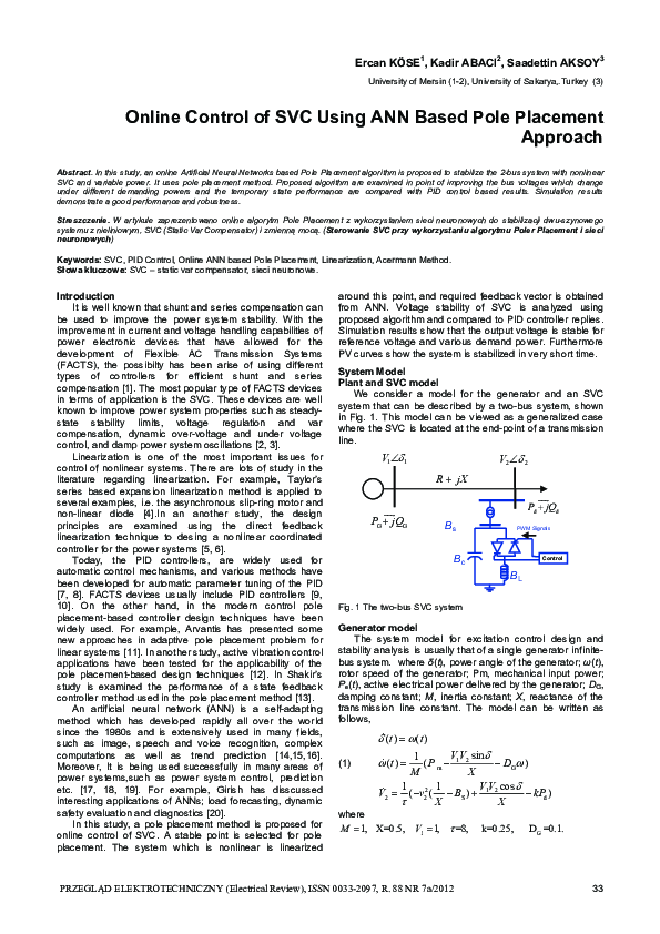 (PDF) Online Control of SVC Using ANN Based Pole Placement Approach