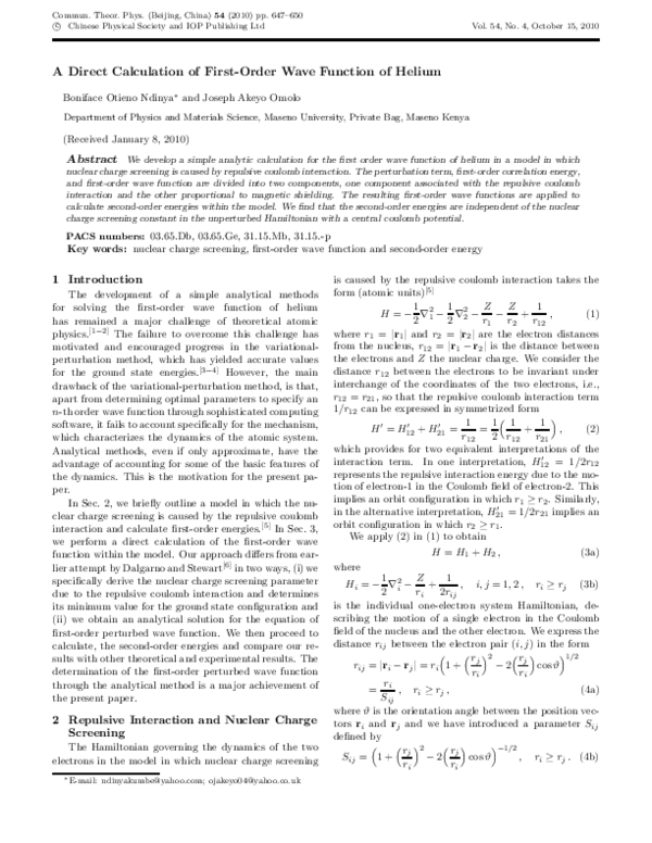 (PDF) A Direct Calculation of First-Order Wave Function of Helium