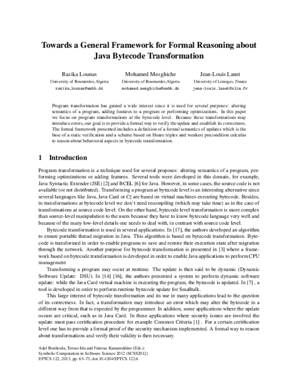 Pdf Towards A General Framework For Formal Reasoning About Java Bytecode Transformation