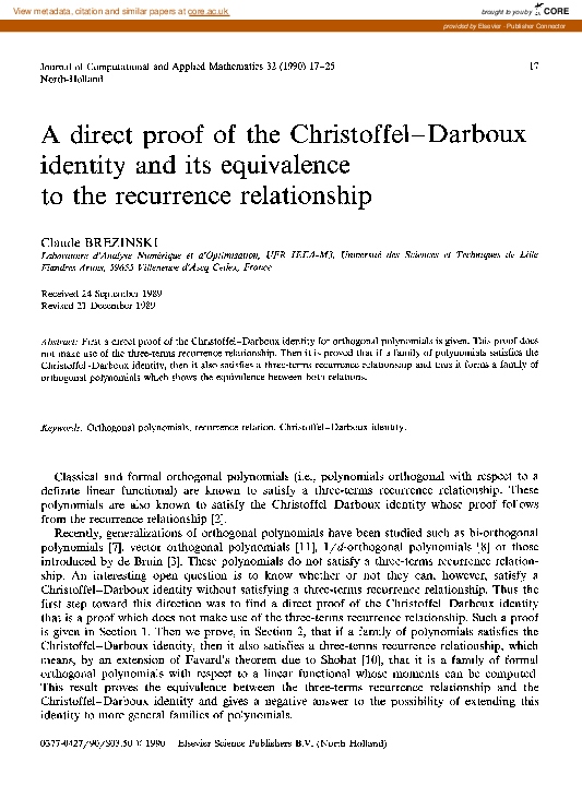 (PDF) A direct proof of the Christoffel-Darboux identity and its ...