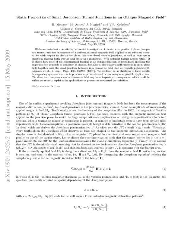 (PDF) Static properties of small Josephson tunnel junctions in a transverse magnetic field