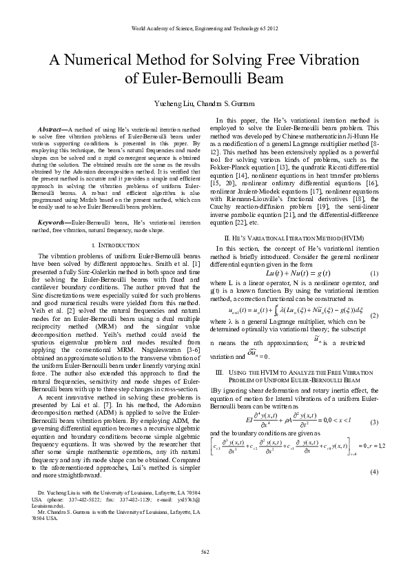 Pdf A Numerical Method For Solving Free Vibration Of Euler Bernoulli Beam