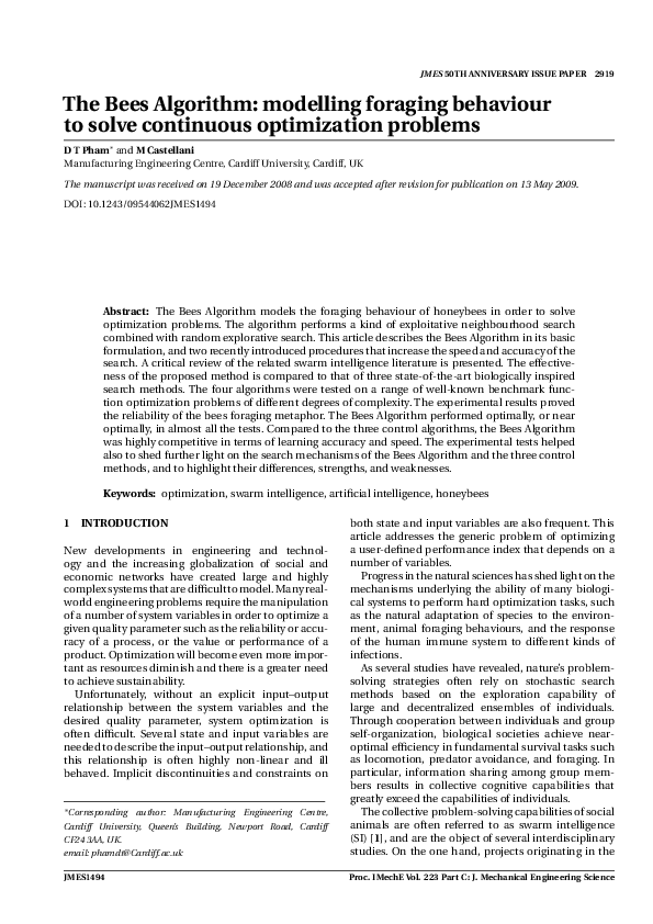 (PDF) The bees algorithm: Modelling foraging behaviour to solve continuous optimization problems