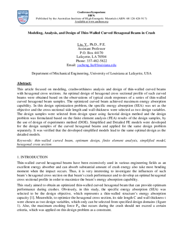 (PDF) Modeling, Analysis, and Design of Thin-Walled Curved Hexagonal Beams in Crash