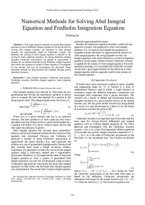 Pdf Numerical Methods For Solving Abel Integral Equation And Fredholm Integration Equation