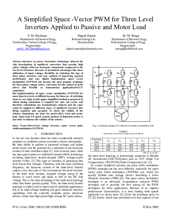 Pdf A Simplified Space Vector Pwm For Three Level Inverters Applied