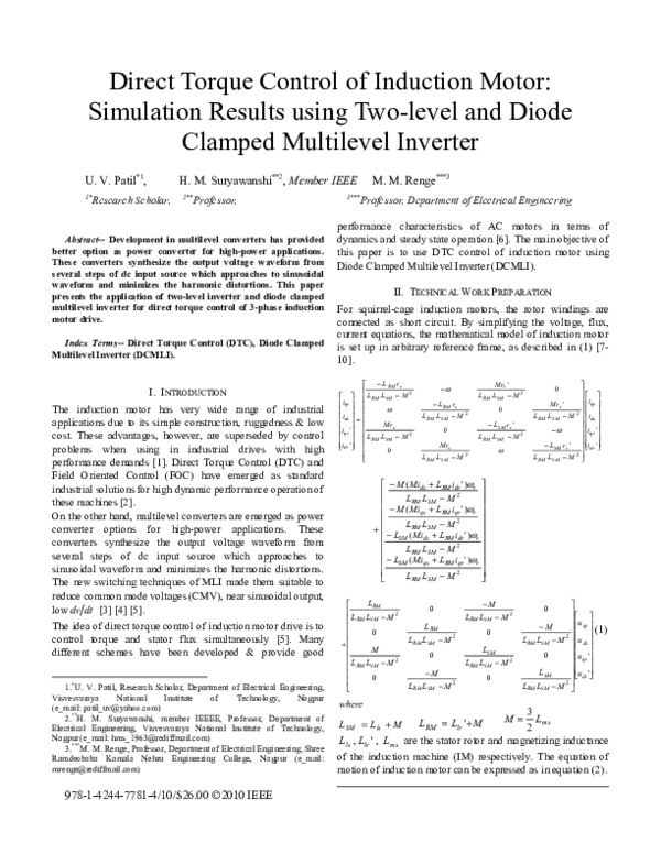 Pdf Direct Torque Control Of Induction Motor Simulation Results Using Two Level And Diode