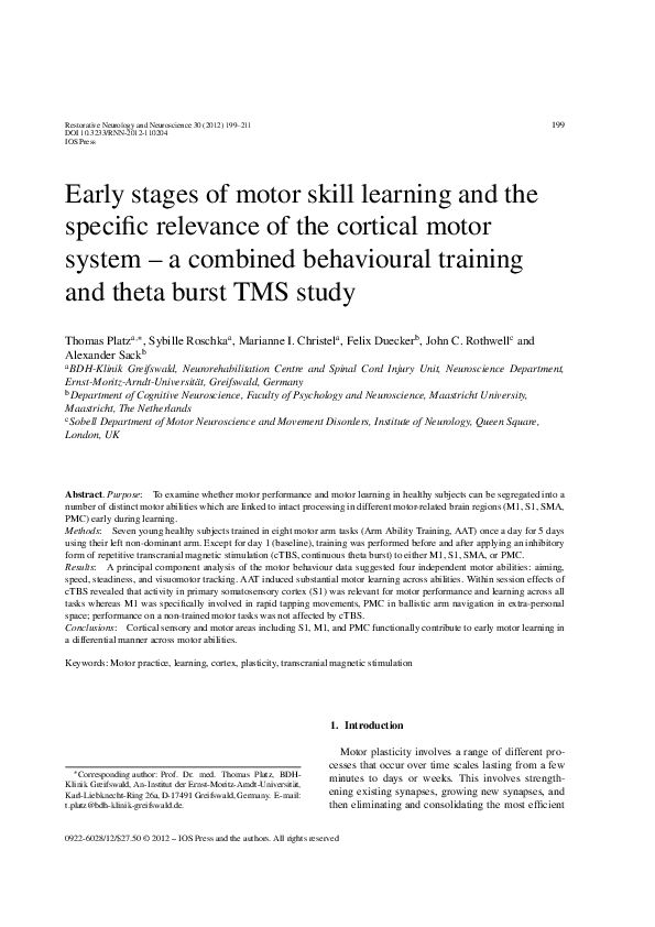 (PDF) Early stages of motor skill learning and the specific relevance ...