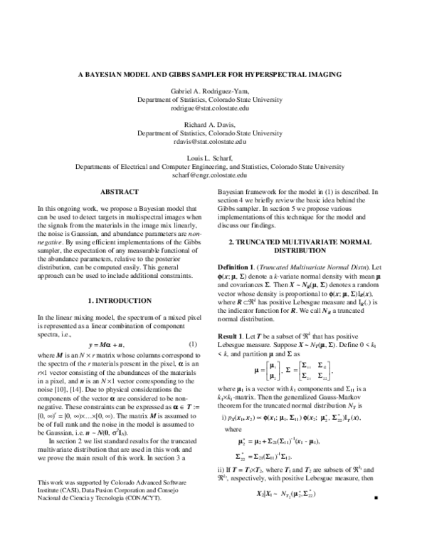 Pdf A Bayesian Model And Gibbs Sampler For Hyperspectral Imaging