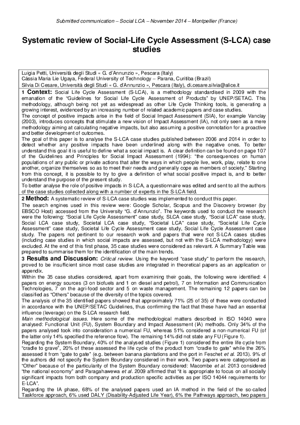 (PDF) Systematic review of Social-Life Cycle Assessment (S-LCA) case ...