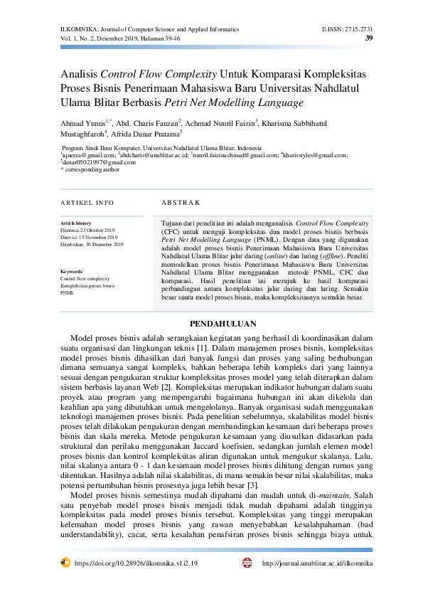 (PDF) Analisis Control Flow Complexity Untuk Komparasi Kompleksitas Proses Bisnis Penerimaan ...