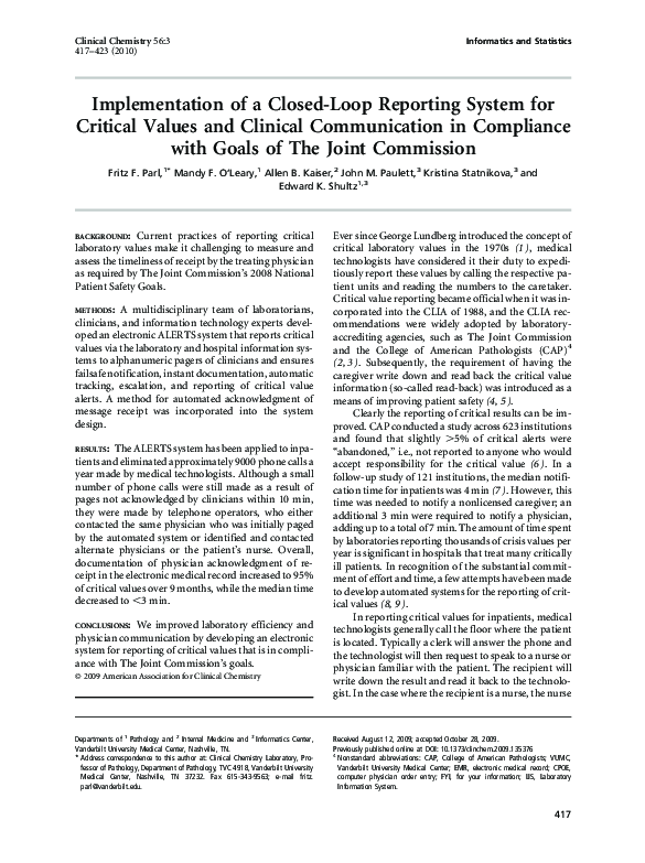 (PDF) Implementation of a Closed-Loop Reporting System for Critical ...