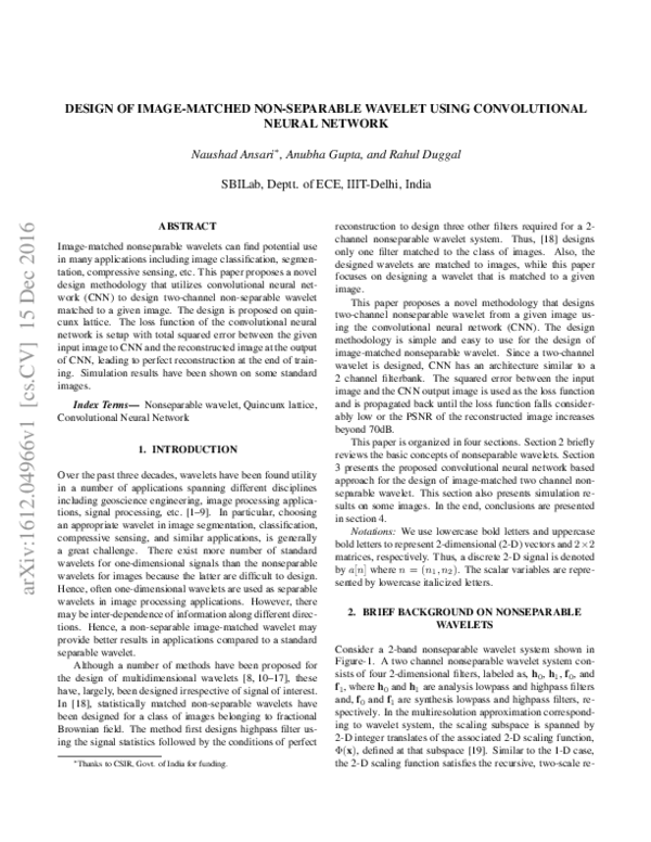 Pdf Design Of Image Matched Non Separable Wavelet Using Convolutional