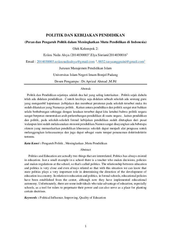(PDF) POLITIK DAN KEBIJAKAN PENDIDIKAN ( peran dan pengaruh politik ...