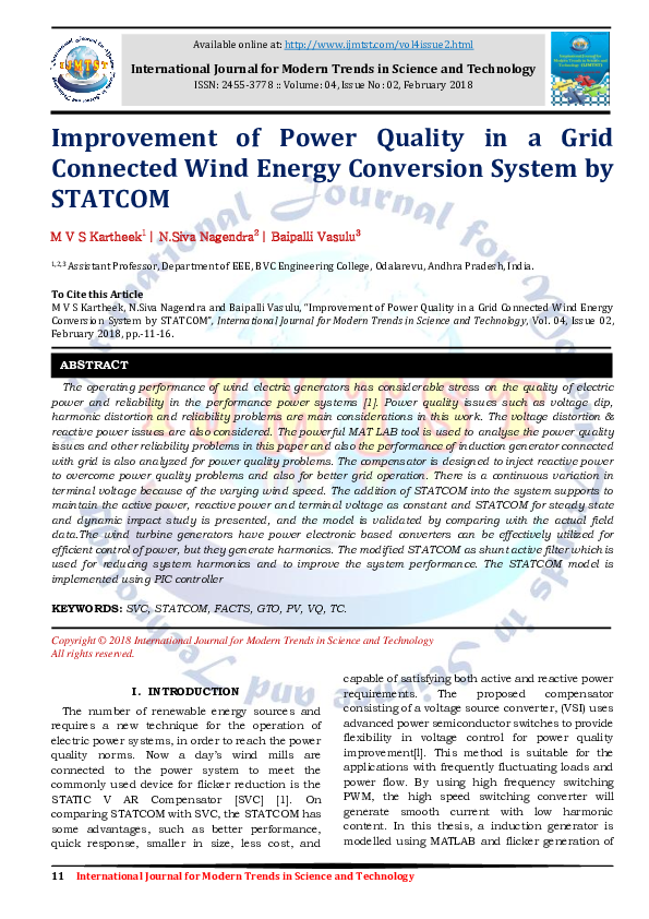 (PDF) Improvement of Power Quality in a Grid Connected Wind Energy Conversion System by STATCOM