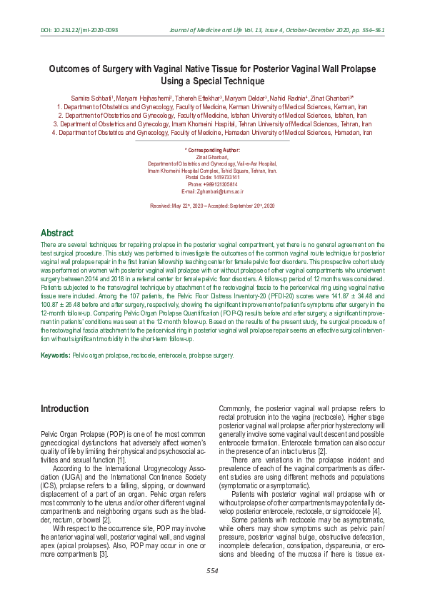 Pdf Outcomes Of Surgery With Vaginal Native Tissue For Posterior