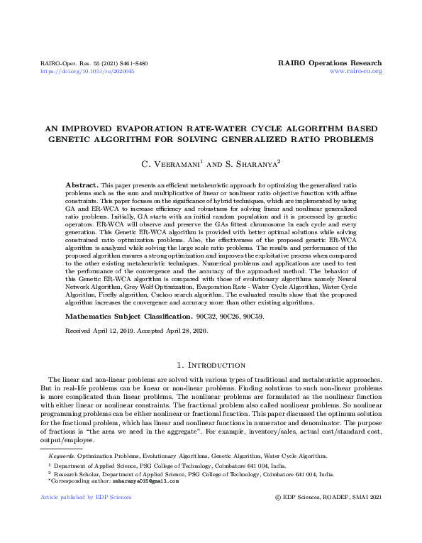 (PDF) An improved evaporation rate-water cycle algorithm based genetic algorithm for solving ...