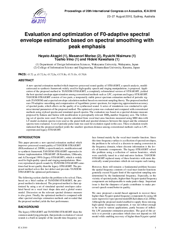(PDF) Evaluation and optimization of F0-adaptive spectral envelope estimation based on spectral ...