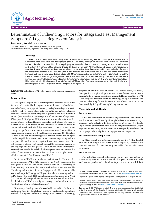 (PDF) Determination of Influencing Factors for Integrated Pest Management Adoption: A Logistic ...