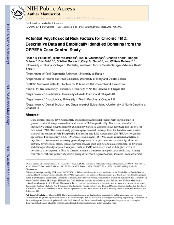 (PDF) Potential Psychosocial Risk Factors for Chronic TMD: Descriptive ...