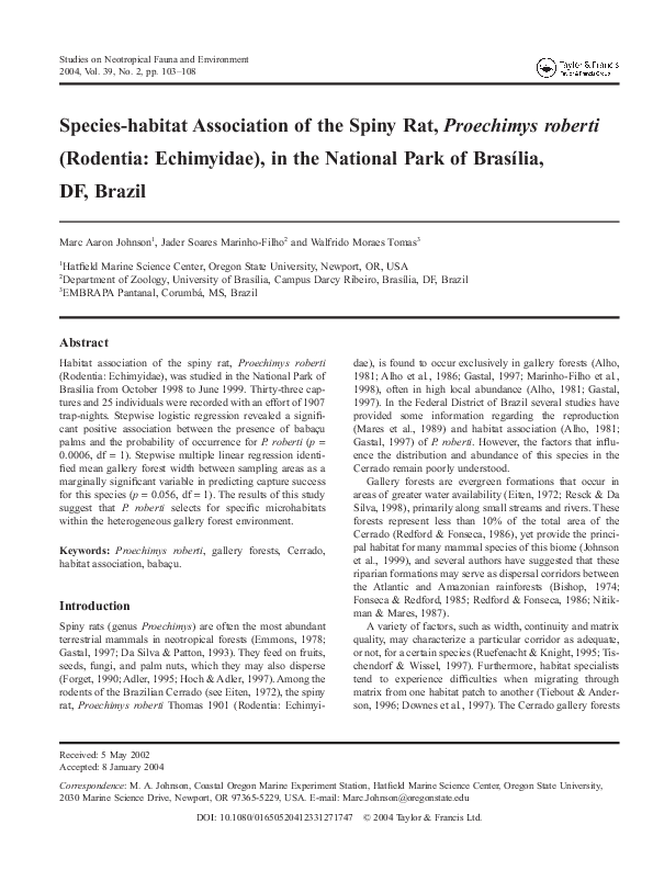 (PDF) Species-habitat Association of the Spiny Rat, Proechimys roberti ...