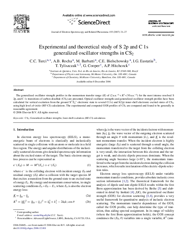 (PDF) Experimental and theoretical study of S 2p and C 1s spectroscopy in CS2