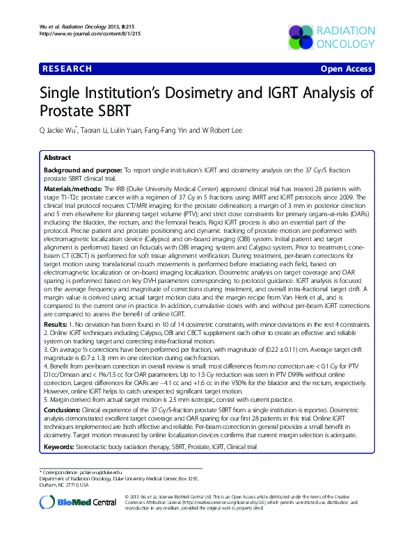 (PDF) Single Institution’s Dosimetry and IGRT Analysis of Prostate SBRT