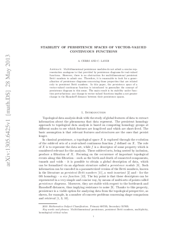 (PDF) Stability of Persistence Spaces of Vector-Valued Continuous Functions