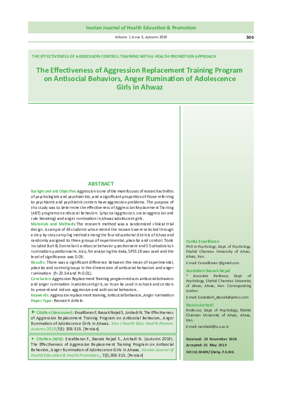 (PDF) The Effectiveness of Aggression Replacement Training Program on ...