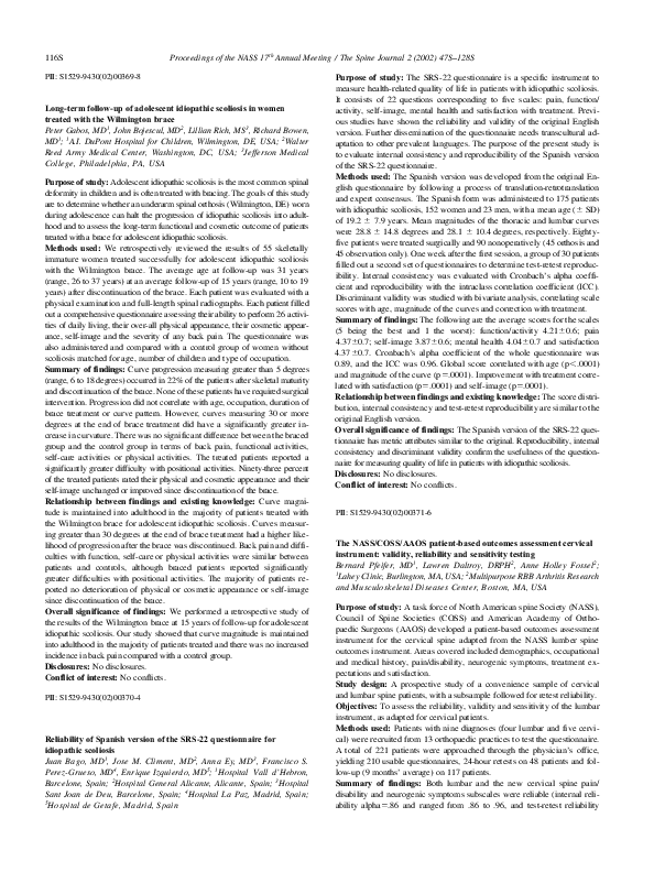 (PDF) Reliability of Spanish version of the SRS-22 questionnaire for ...
