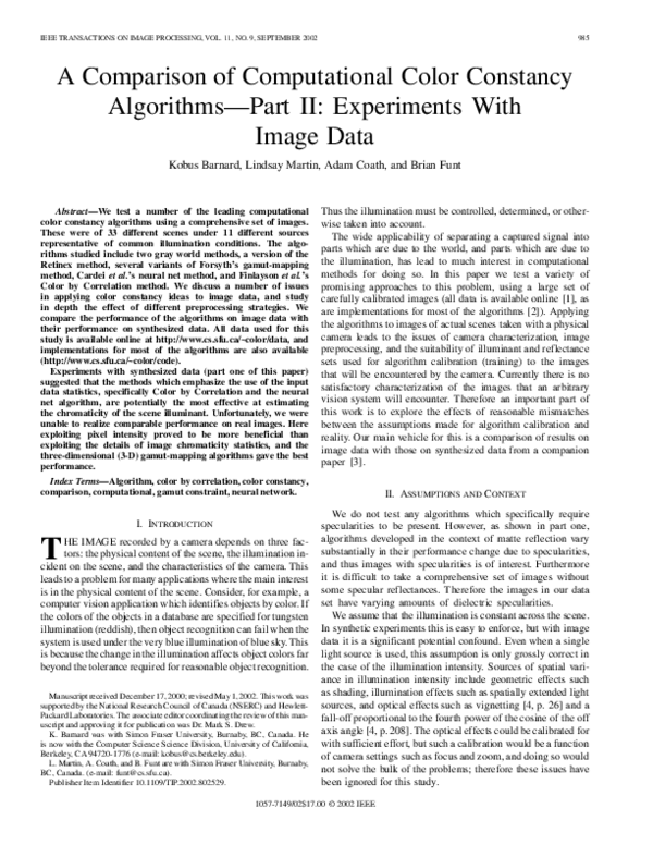 Pdf A Comparison Of Computational Color Constancy Algorithms I Methodology And Experiments