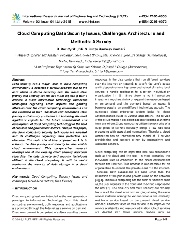 Pdf Cloud Computing Data Security Issues Challenges Architecture And Methods A Survey